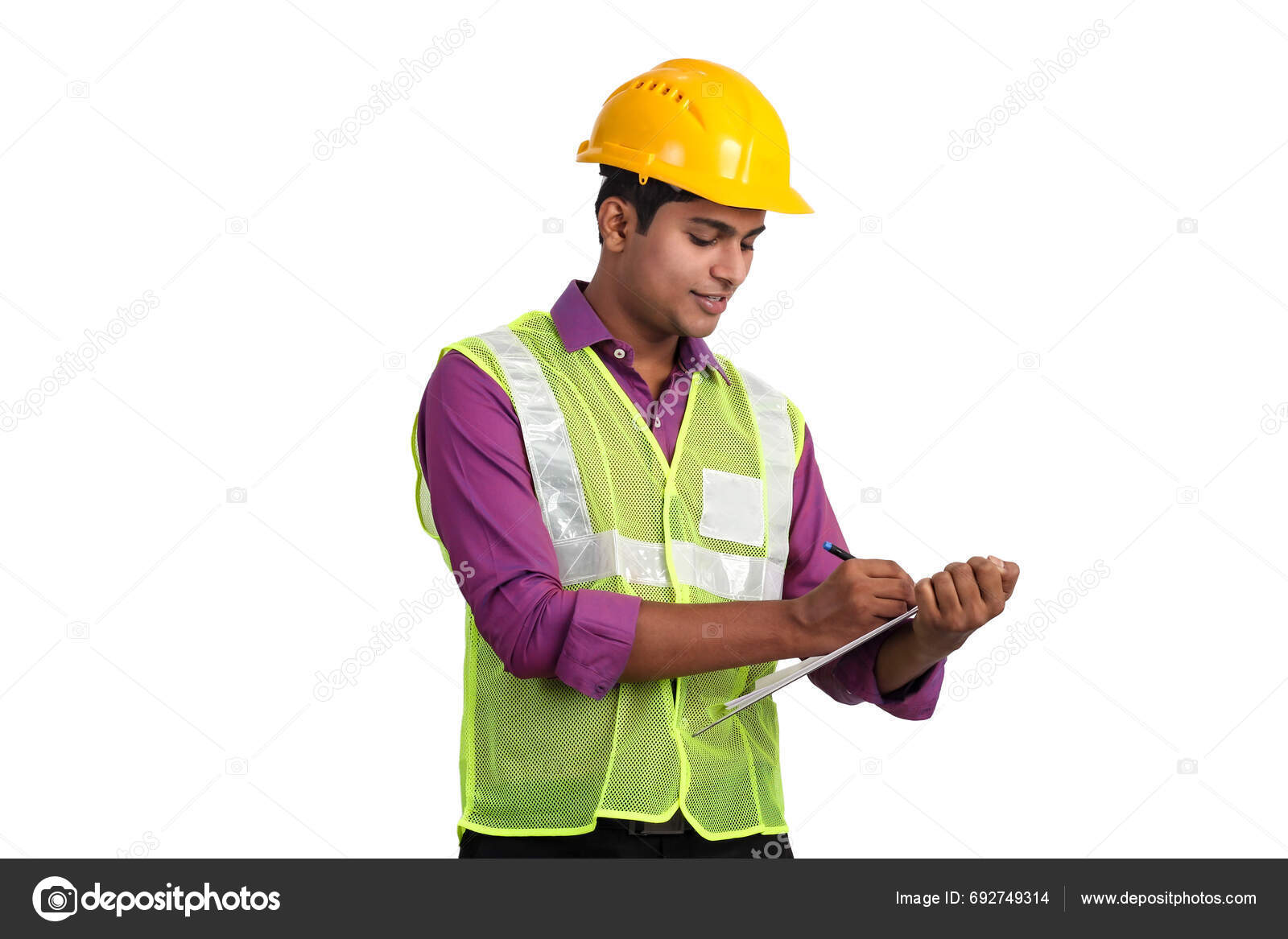 Indian Male Architect Wearing Yellow Helmet Safety Jacket Writing Something — Stock Photo ...