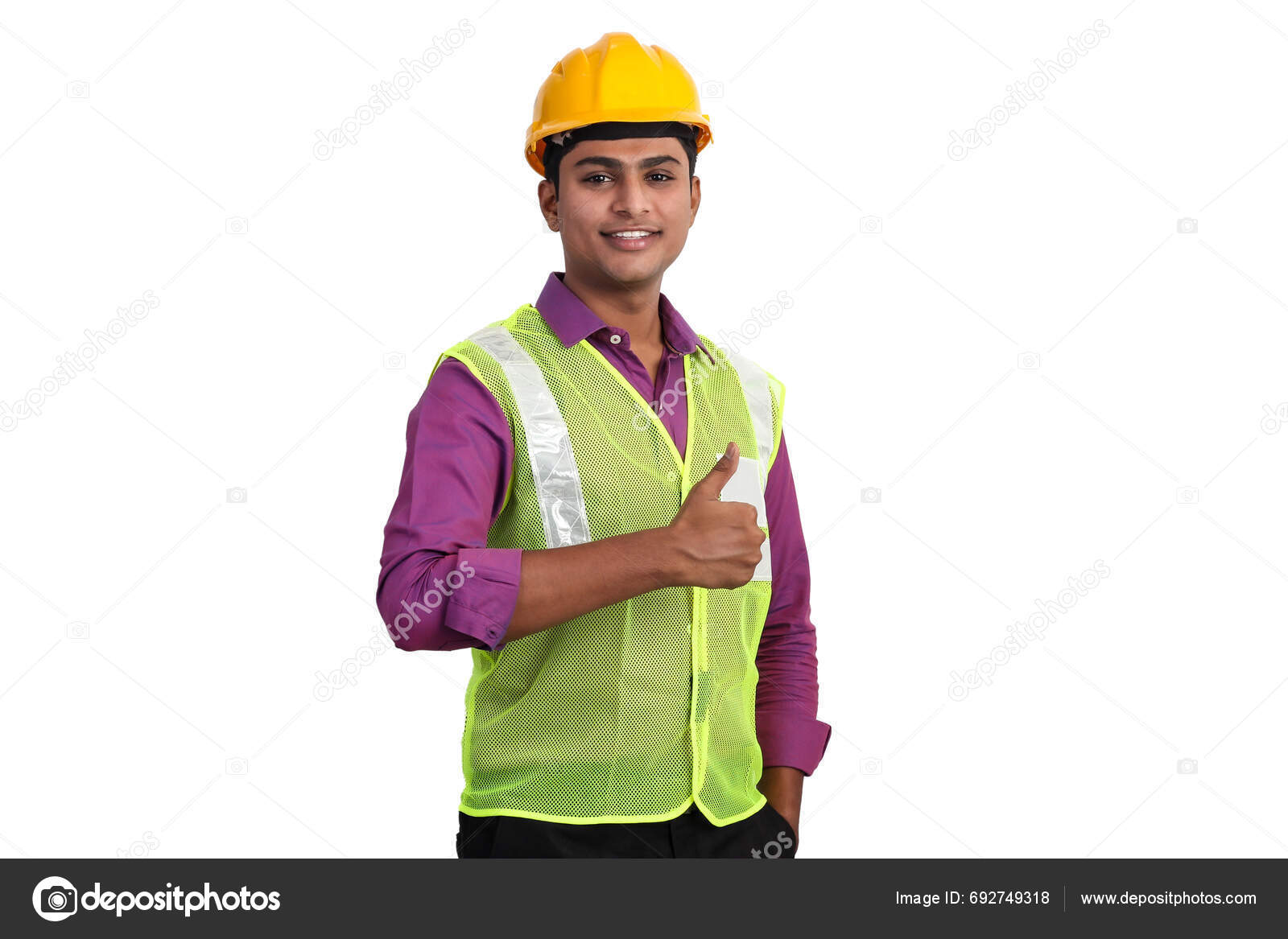 Indian Male Architect Wearing Yellow Helmet Safety Jacket Showing Thumbs — Stock Photo ...