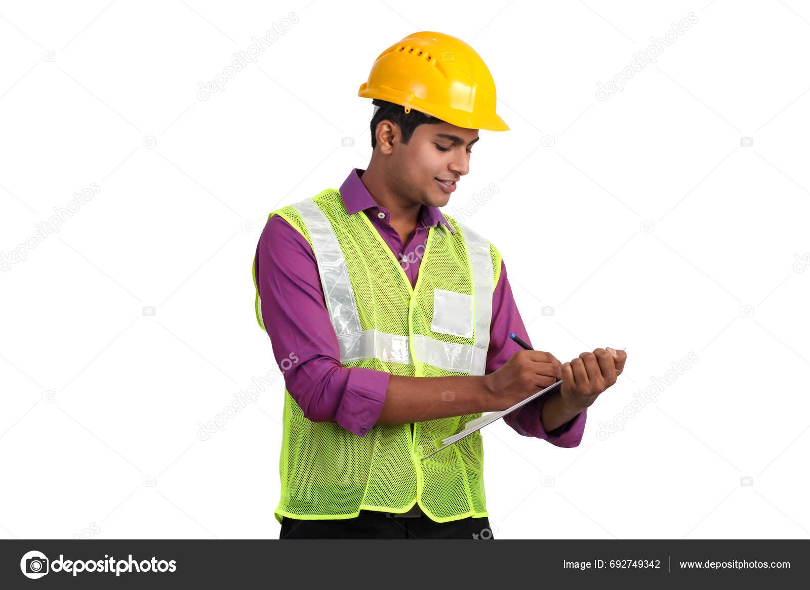 Indian Male Architect Wearing Yellow Helmet Safety Jacket Writing ...