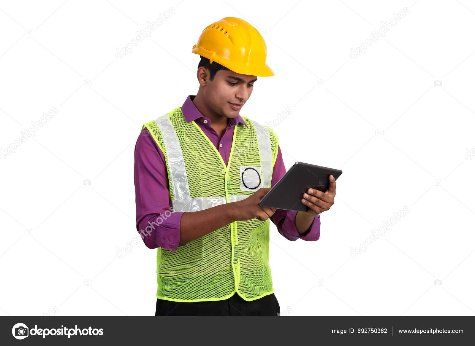 Indian Male Architect Wearing Yellow Helmet Safety Jacket Posing Tablet ...