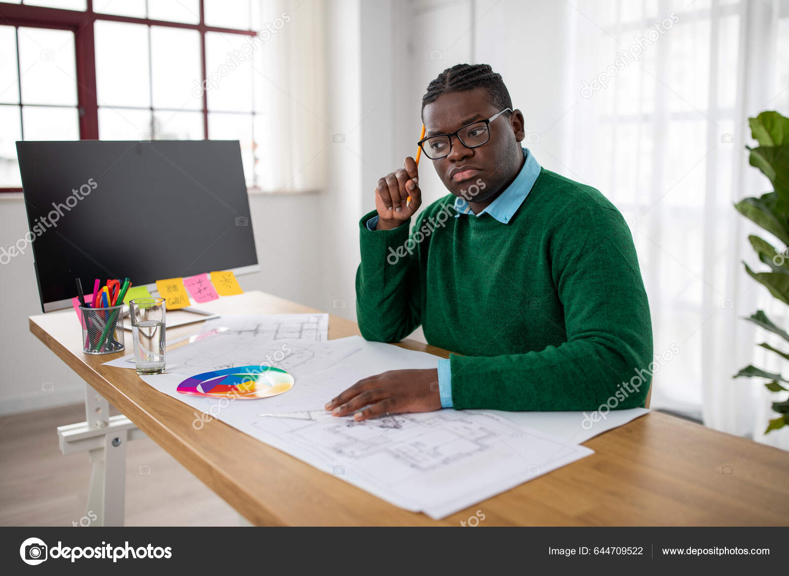 Thoughtful Black Engineer Man Working Technical Drawing Thinking ...