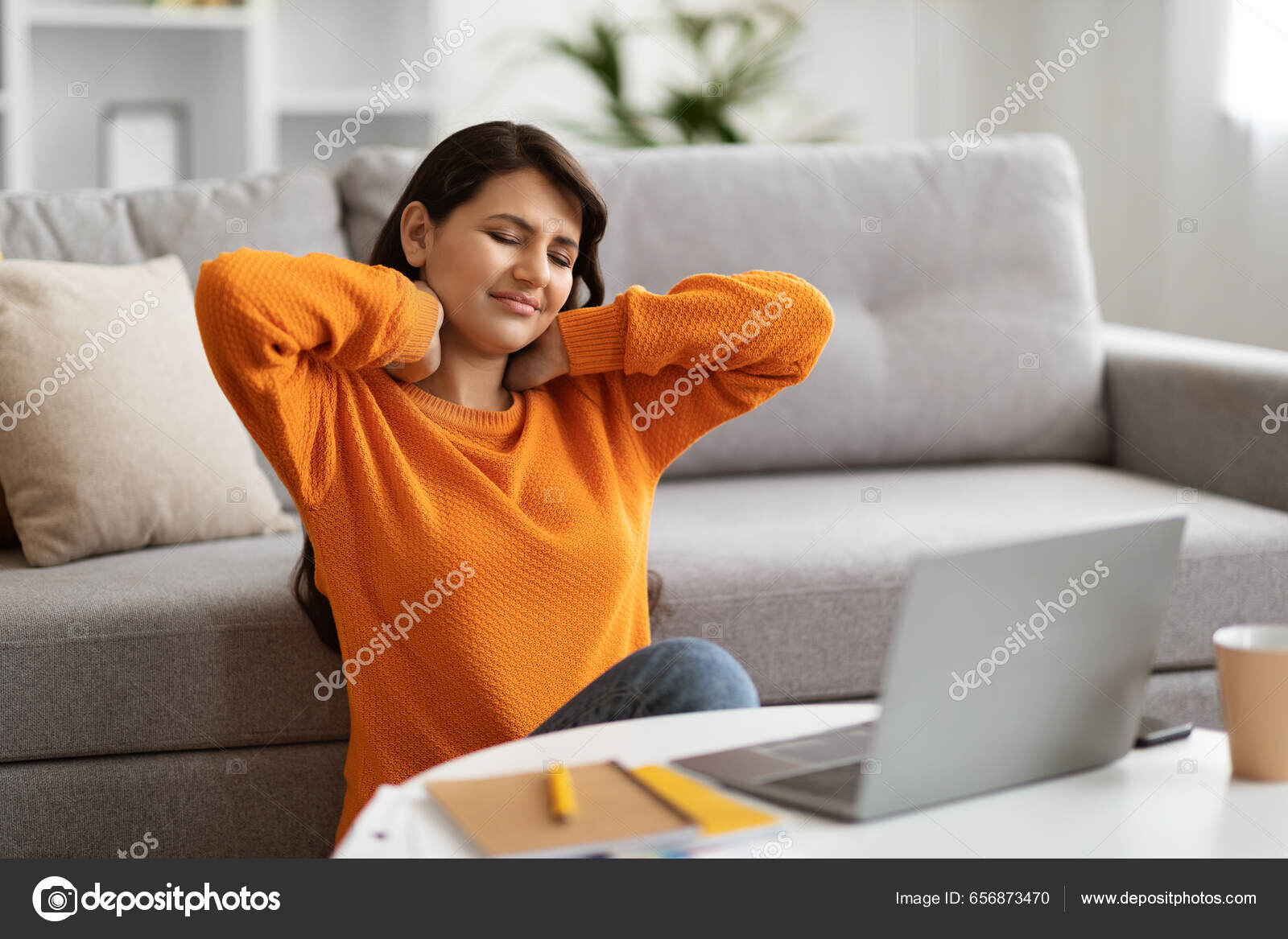 Tired Exhausted Young Indian Woman Casual Outfit Freelancer Sitting ...