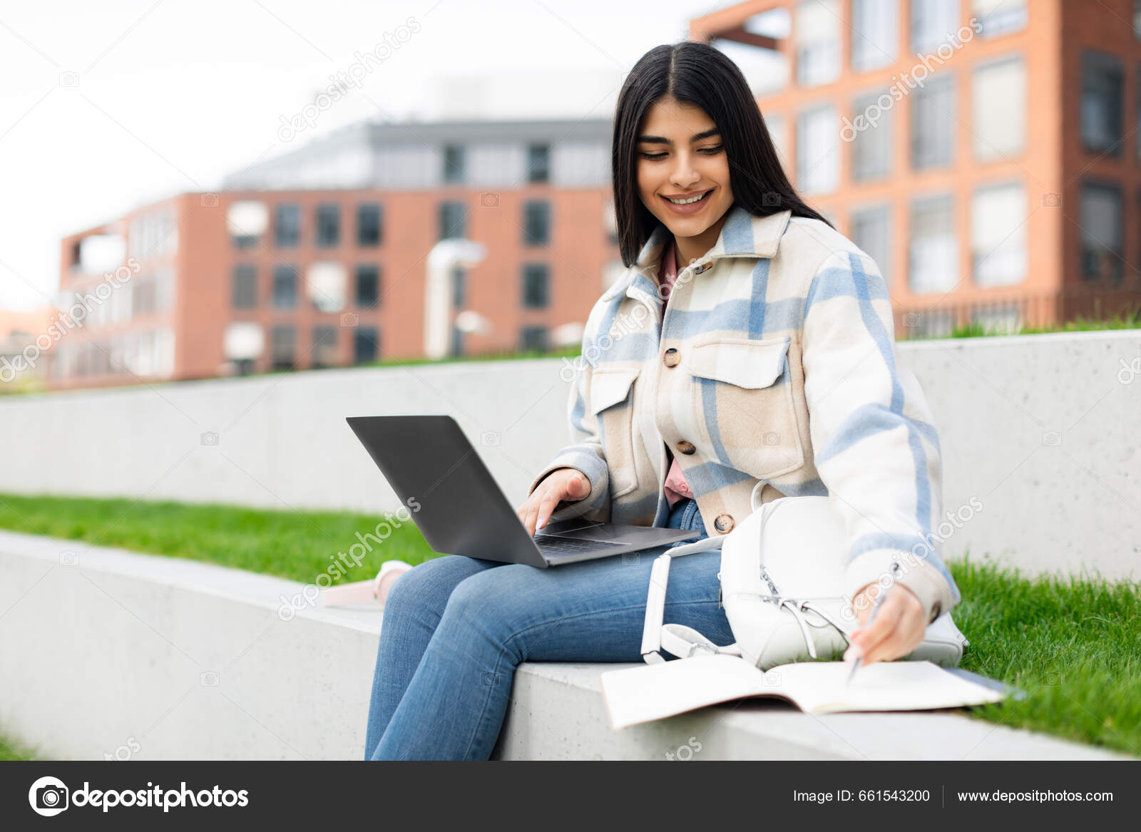 Cheerful Hispanic Student Lady Doing Homework Preparing Test Outdoors ...