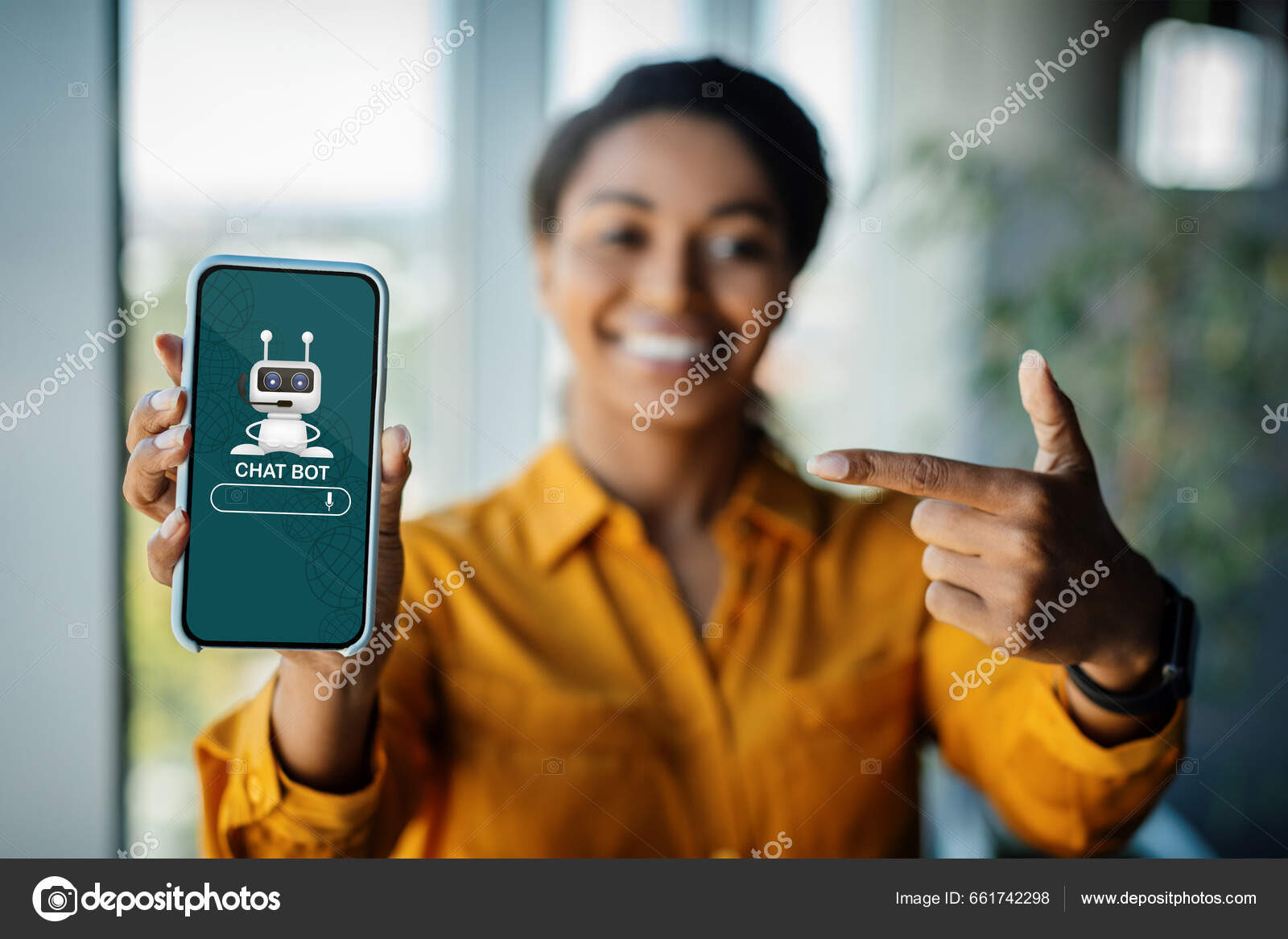 Modern Cell Phone Chat Bot Application Software Screen Smiling Young ...