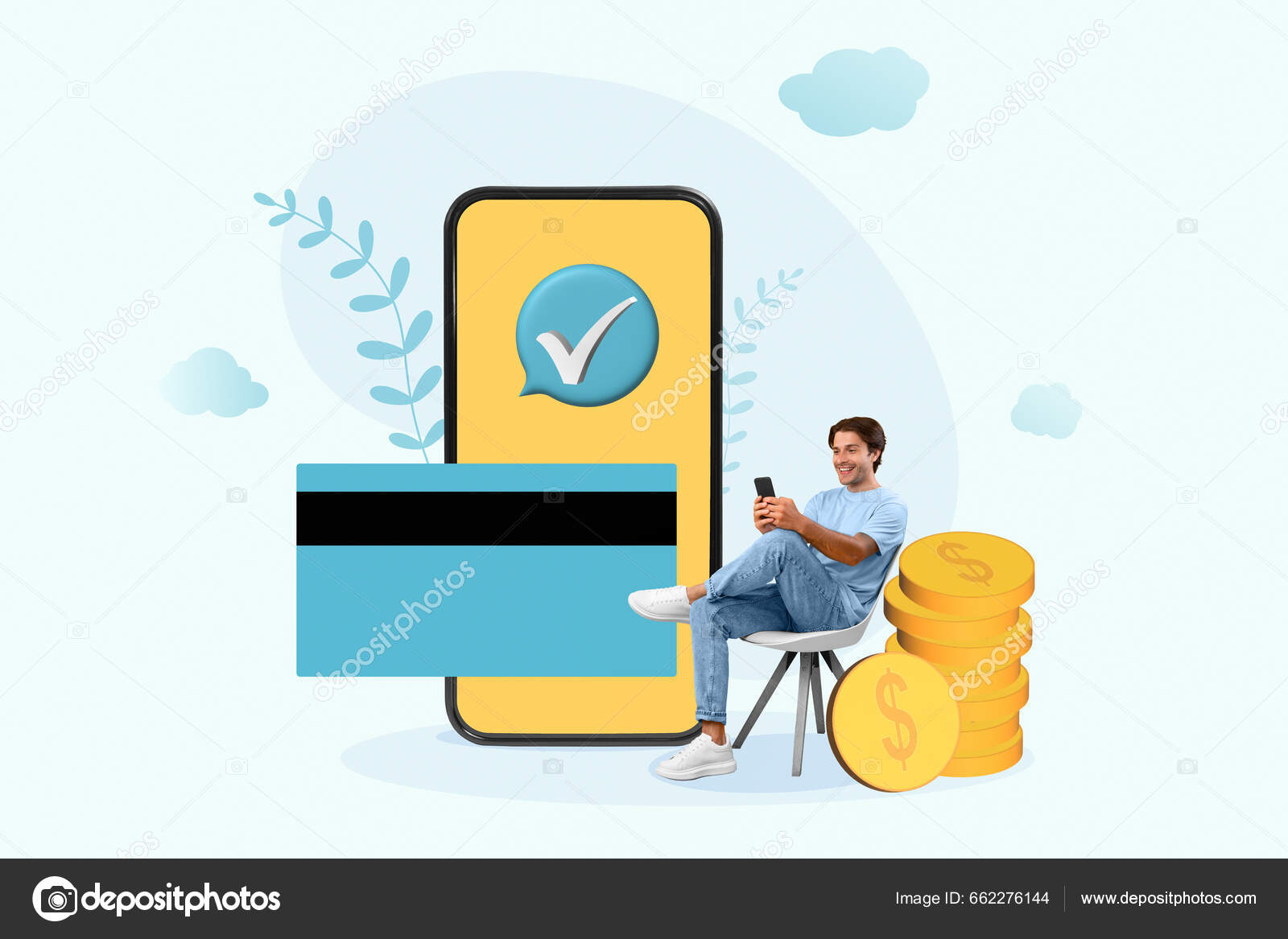 Happy Man Making Successful Online Transaction Sitting Huge Cellphone ...