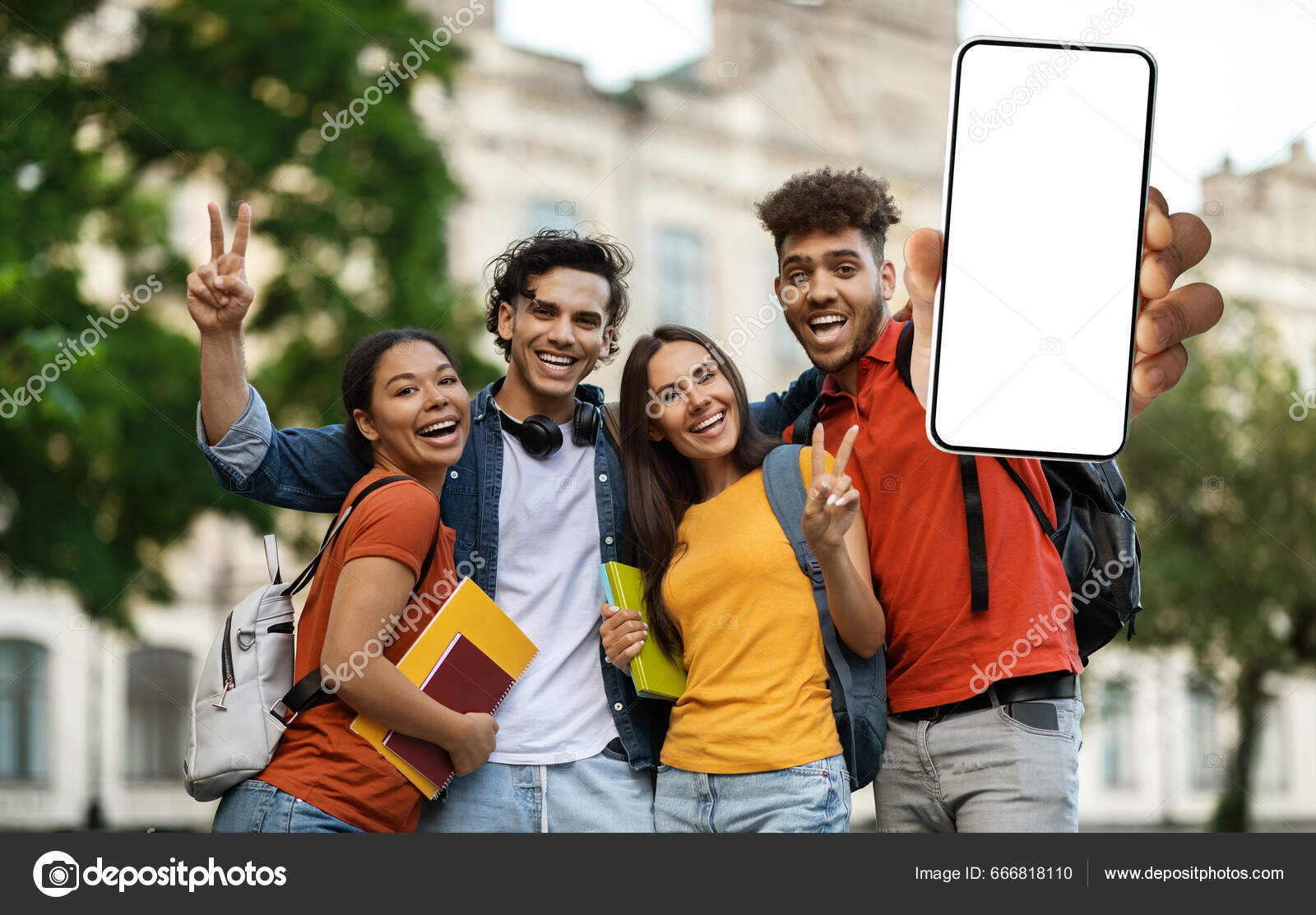 Group Happy Multicultural Students Posing Together Campus Showing Big Blank — Foto de stock ...