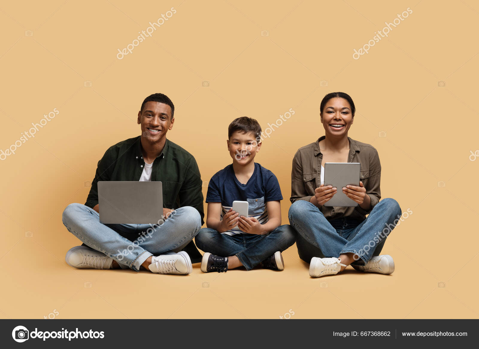 Gadgets Addiction Young Black Family Three Holding Using Different ...