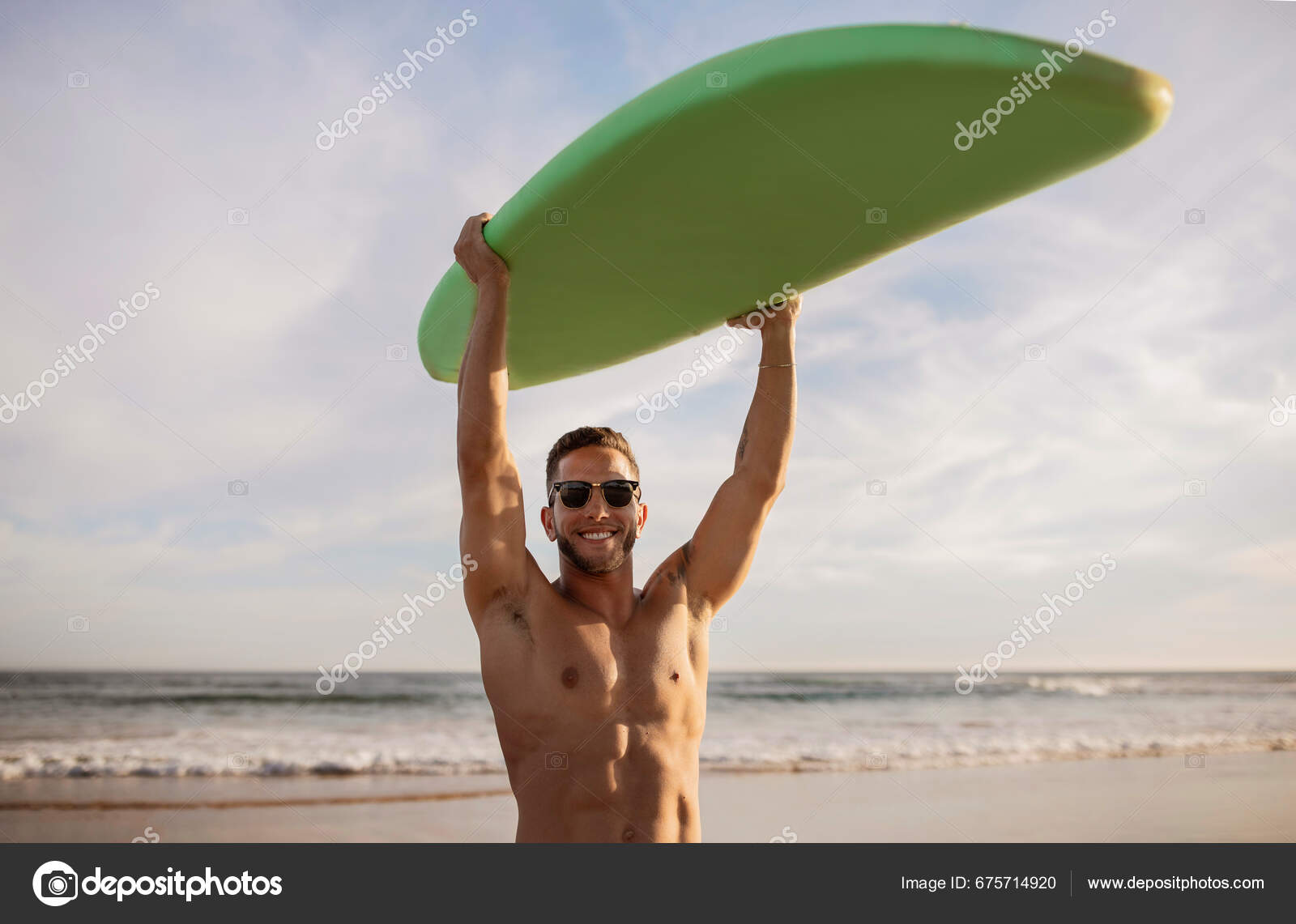 Athletic Young Shirtless Surfer Man Carrying His Surfboard Head While ...