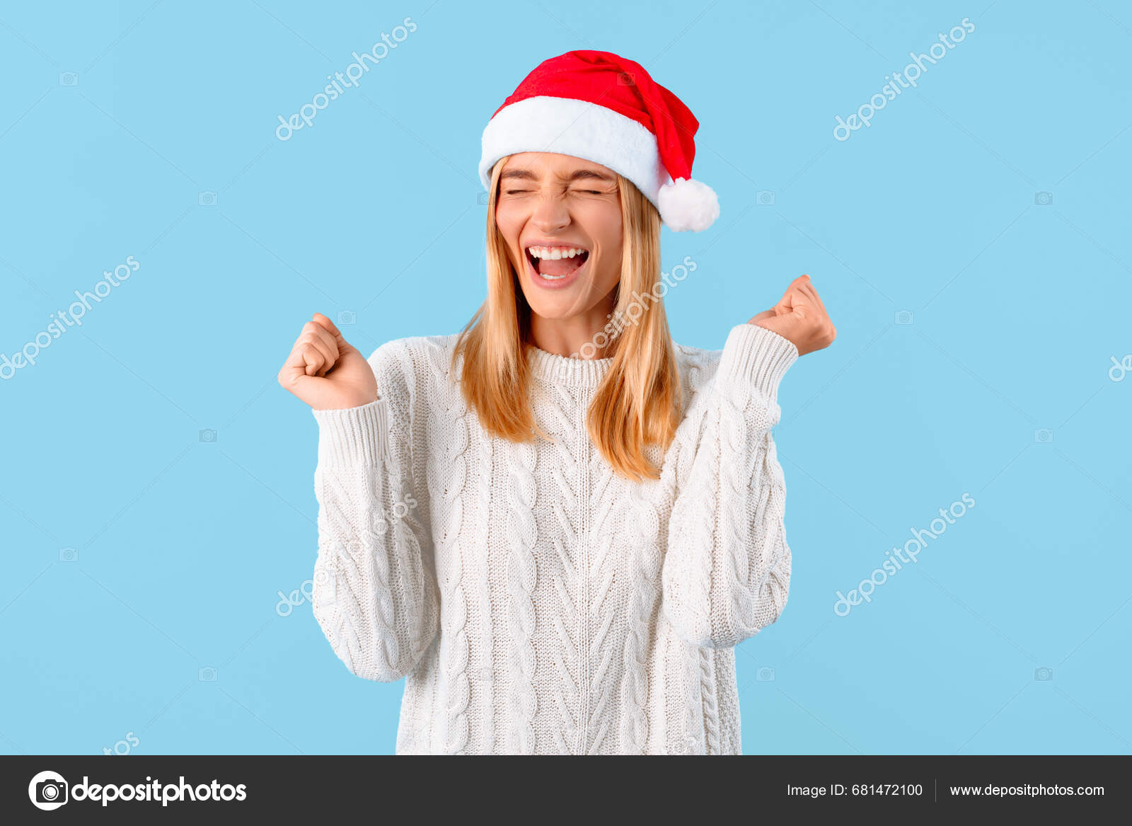 Christmas Finally Excited Lady Santa Hat Shaking Clenched Fists ...