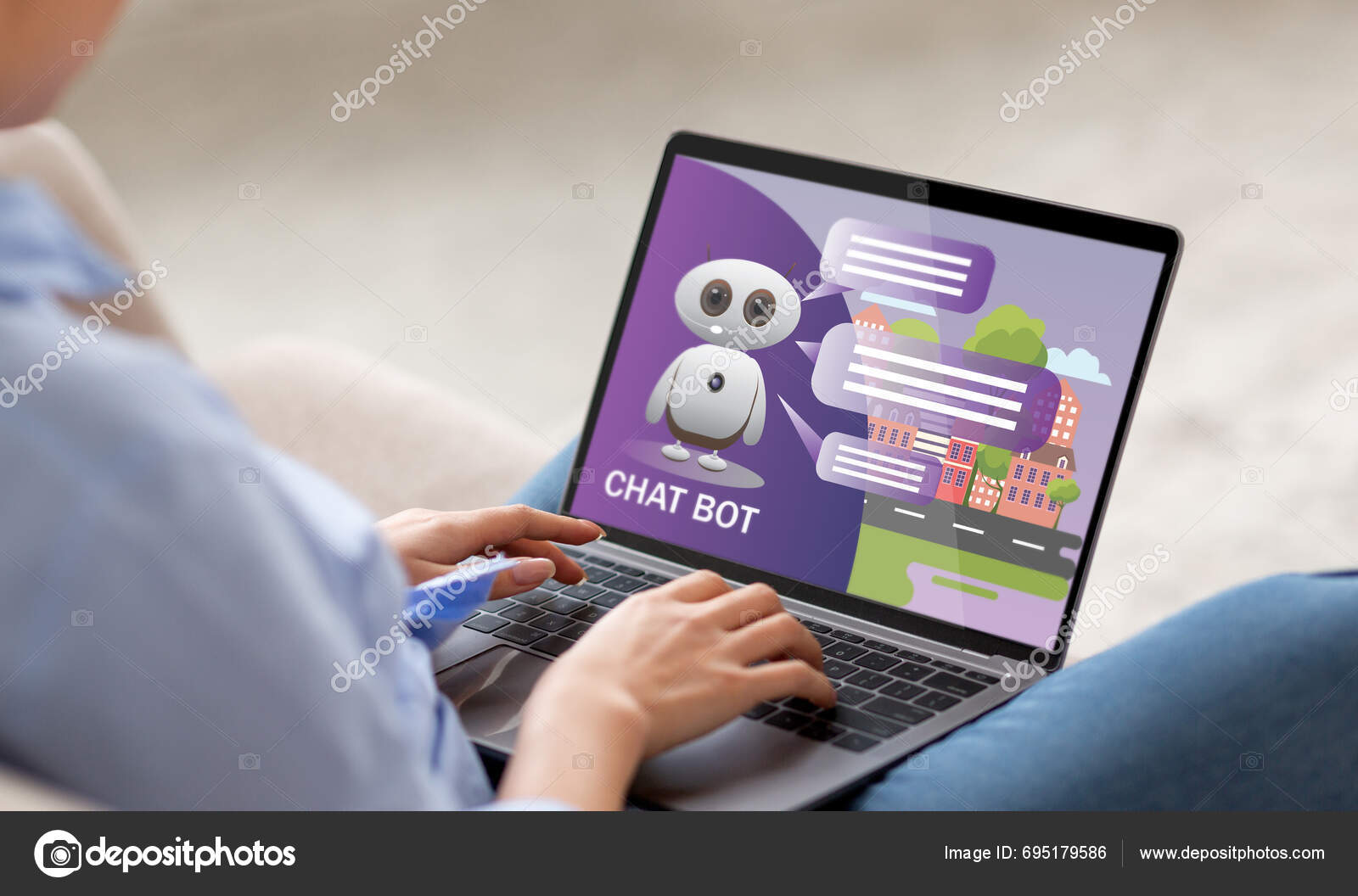 Unrecognizable Relaxed Lady Using Virtual Help Chat Bot Laptop While ...