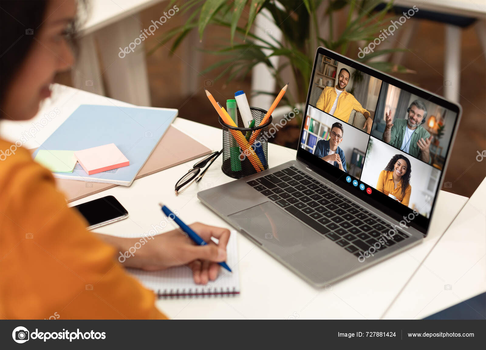 Woman Sitting Desk Taking Notes Notebook While Participating Video ...
