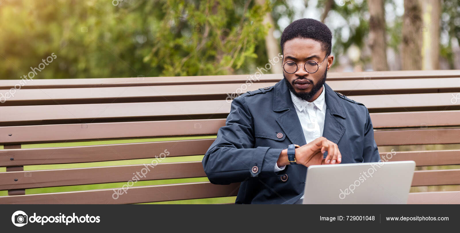 Professional Black Man Uses His Laptop Park Bench Checking Time — Stock ...