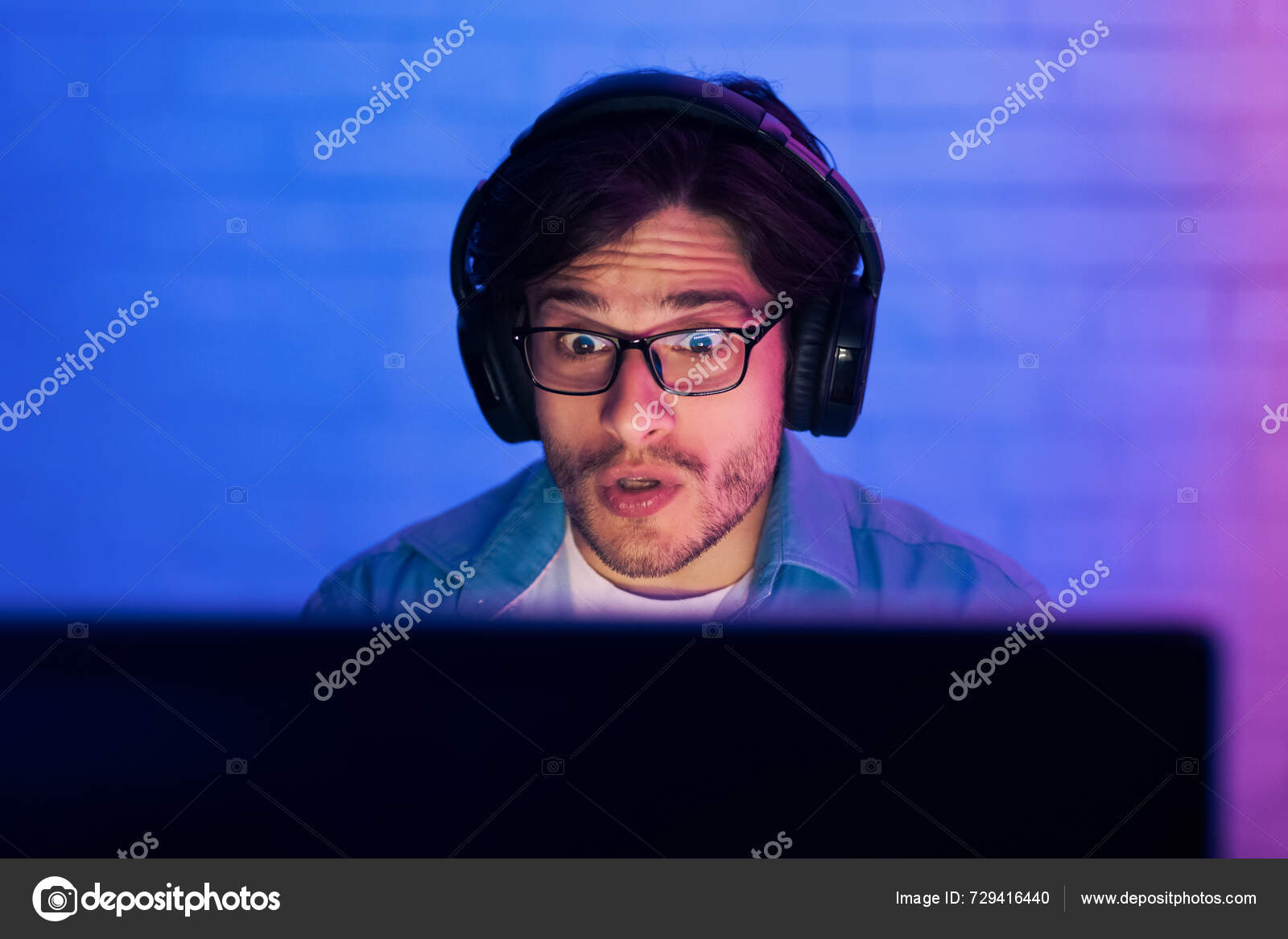 Young Man Shocked Expression Seen Staring Intently His Computer Screen ...