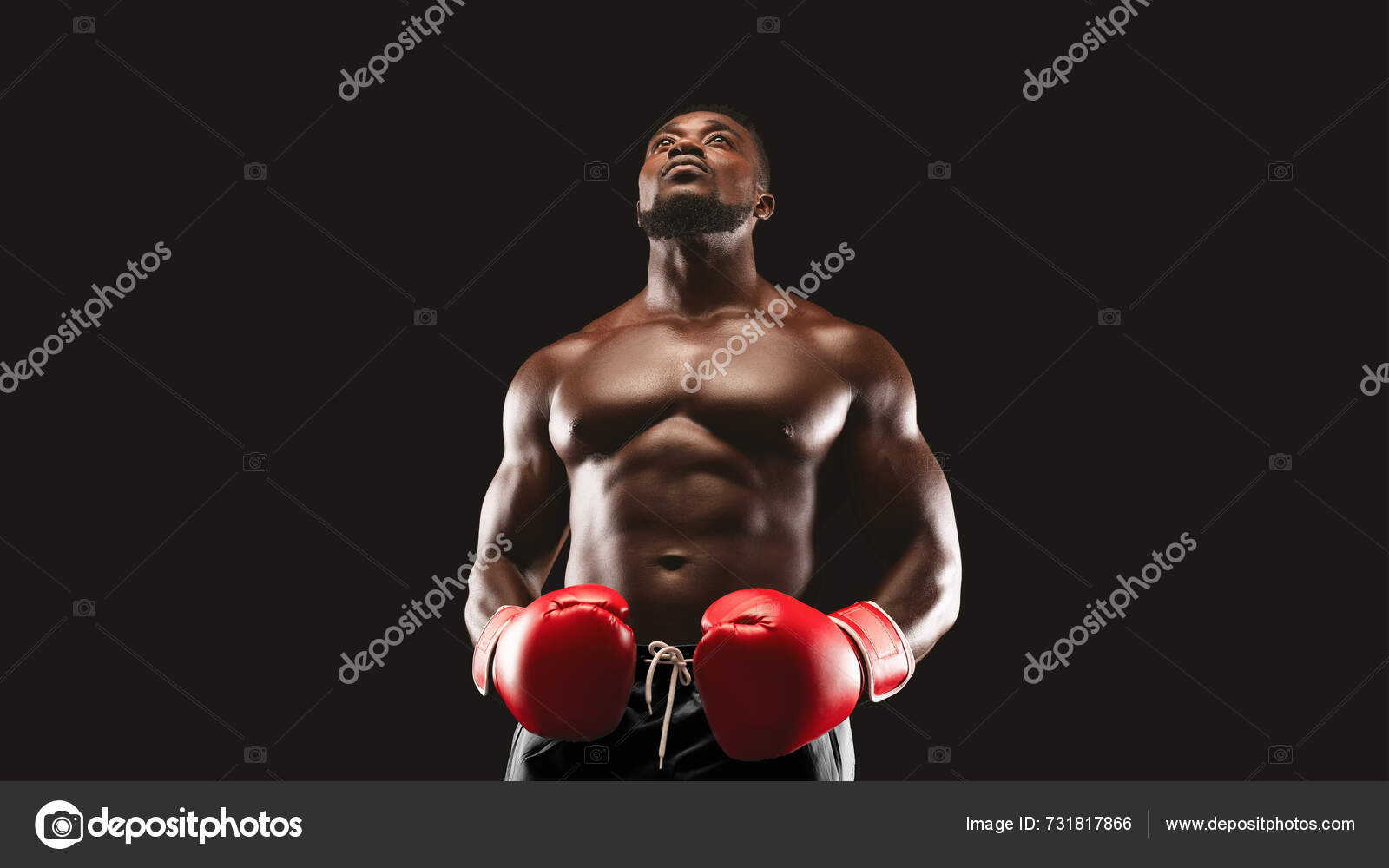 Muscular Man Wearing Red Boxing Gloves Looks Ceiling His Arms — Stock ...