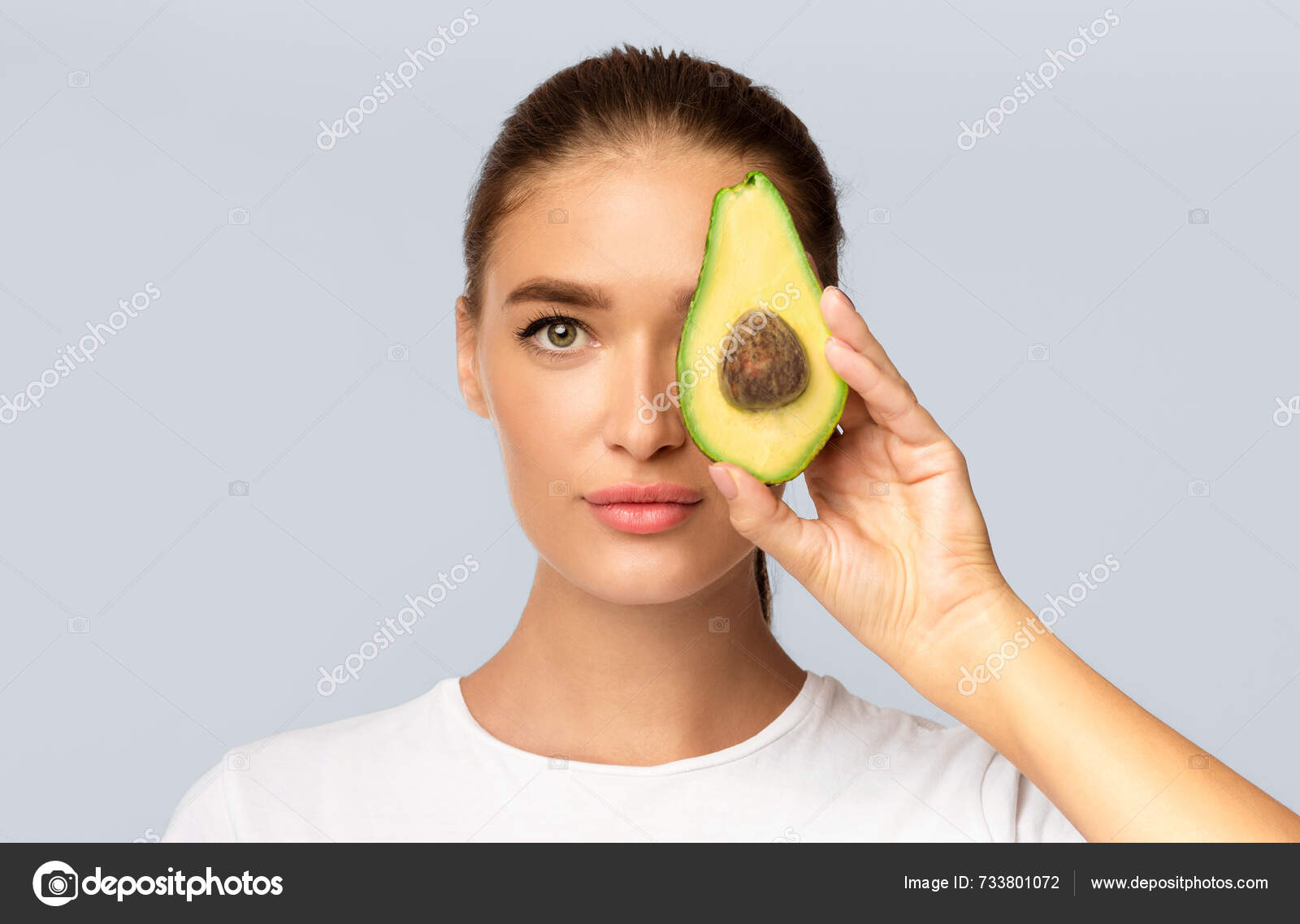 Young Lady Holding Avocado Half Face Covering Eye Posing White — Stock ...
