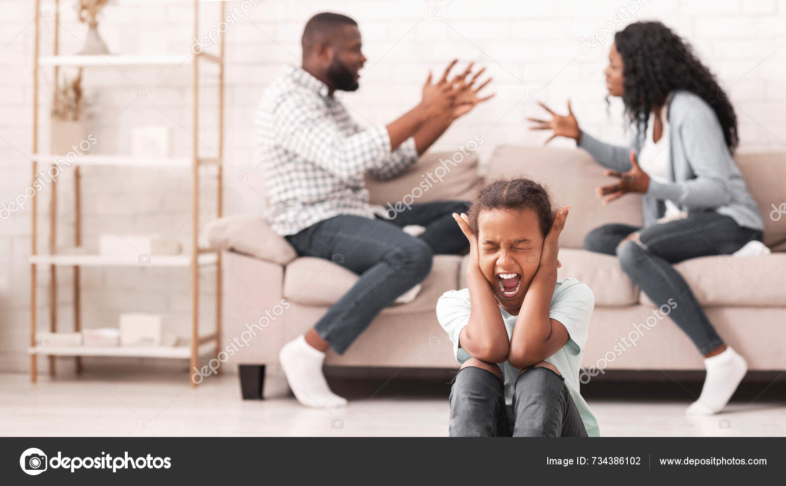 Defensive Reaction Upset Little Black Girl Sitting Floor Yelling ...