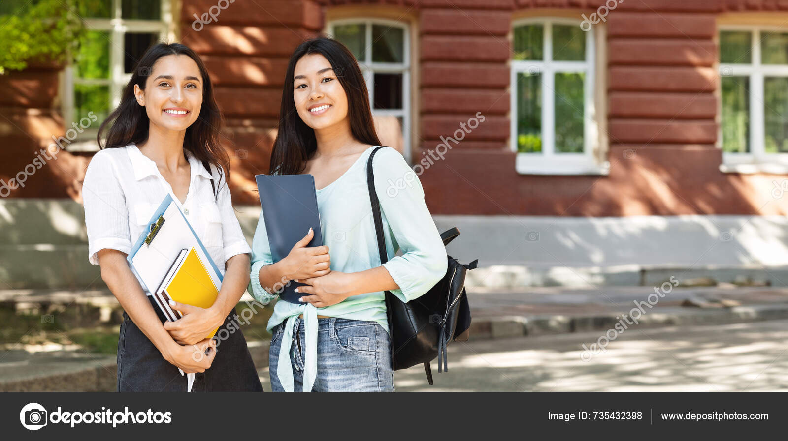Happy University Female Classmates Having Break College Campus Smiling ...