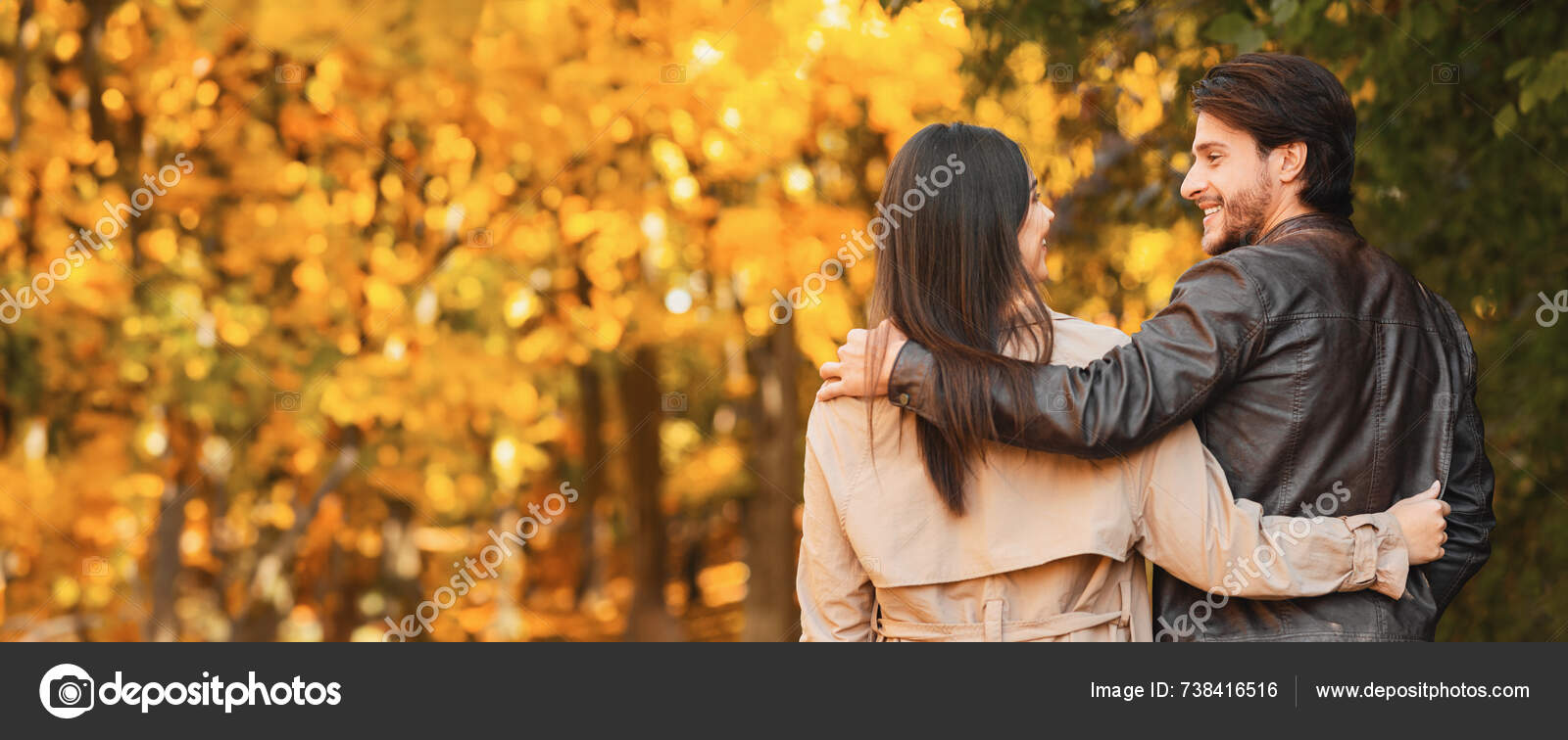Young Couple Hugging Talking While Walking Autumn Forest Back View ...