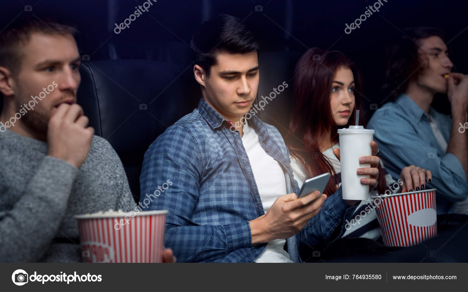 Movie Night Young Man Using Mobile Phone While Watching Film — Stock ...