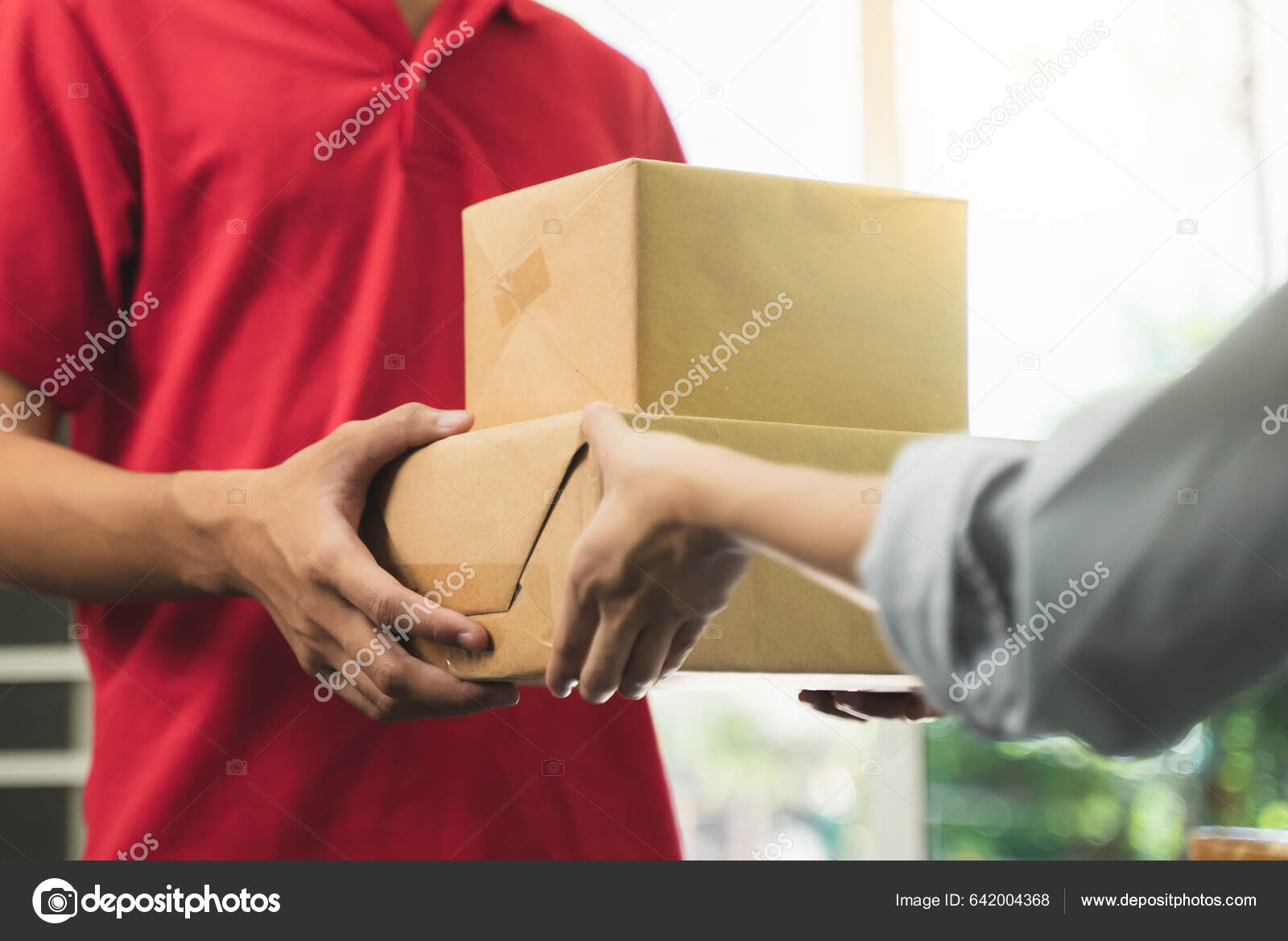 Close Hand Delivery Man Send Package Box Receiver Stock Photo by ...