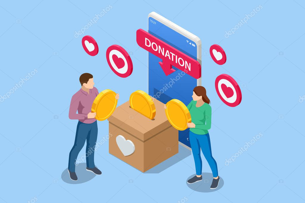 Personajes isométricos donan dinero para caridad en línea. El pago de ...