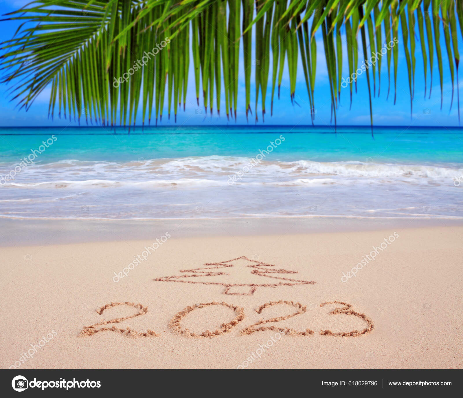 New Year 2023 Inscription Written Beautiful Tropical Beach Palm Tree ...