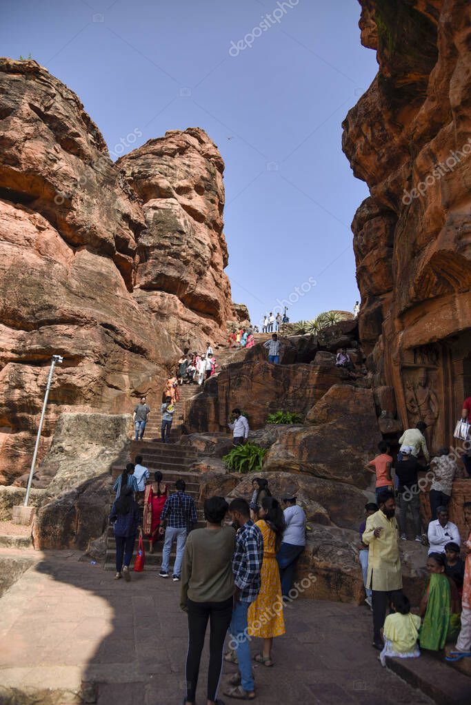 Badami, Karnataka, India - Oct 26 2022: Badami cave temples are a ...