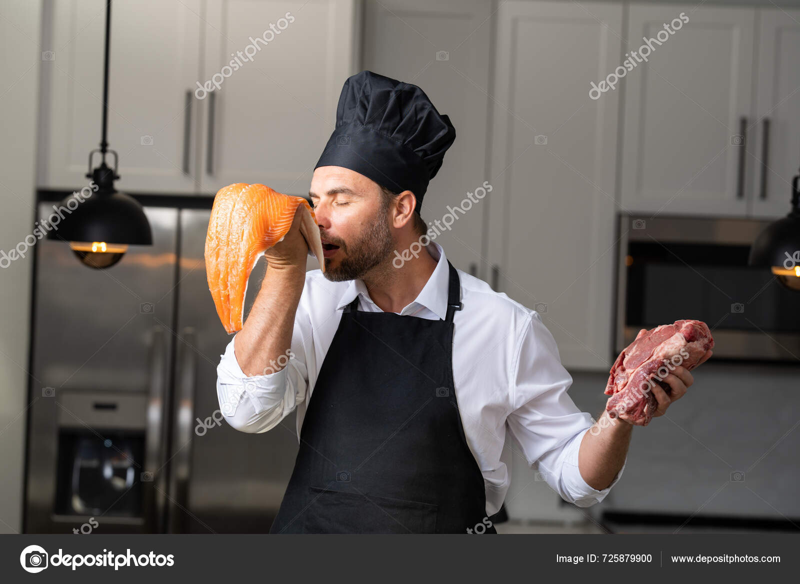 Male Chef Holding Steak Fish Kitchen Chef Preparing Food Close — Stock ...