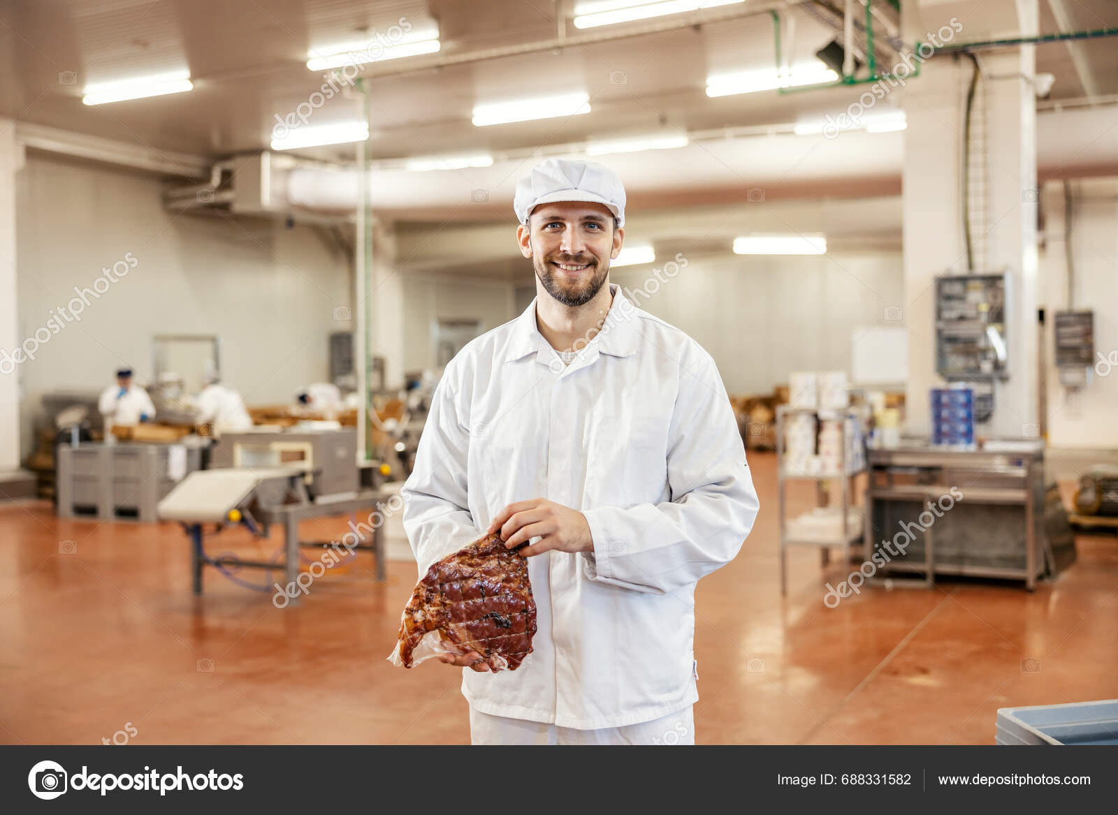 Meat Industry Worker Holding Piece Fresh Meat Smiling Camera Stock ...