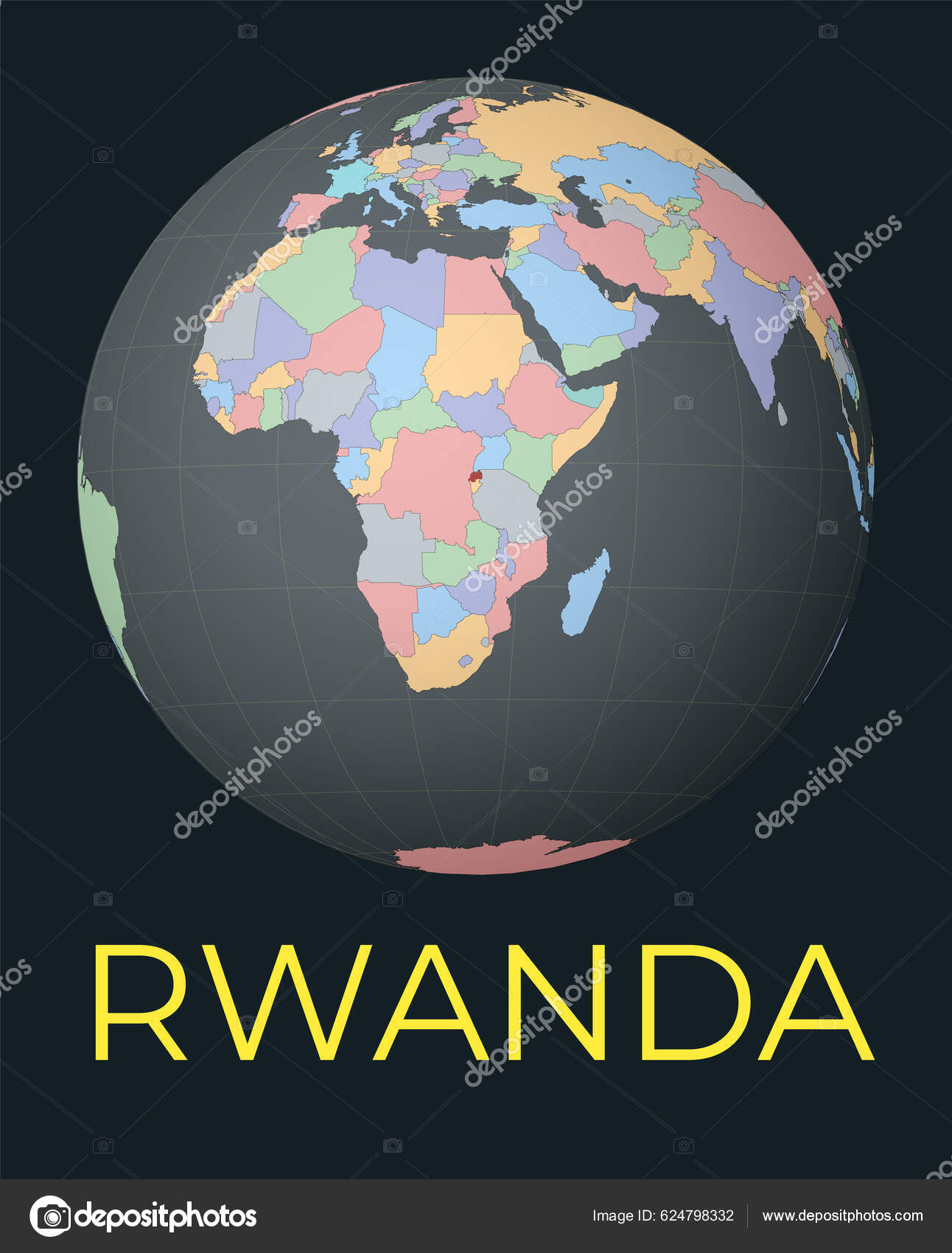 Mapa Del Mundo Centrado Ruanda País Rojo Resaltado Satélite Vista ...