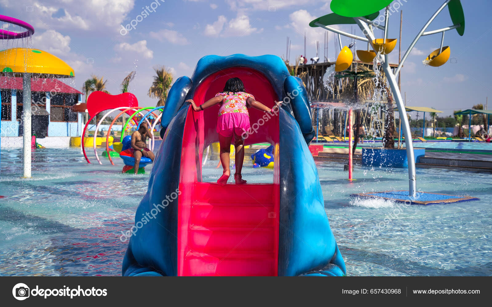 Water Park Bright Multi Colored Slides Pool Water Park People Stock