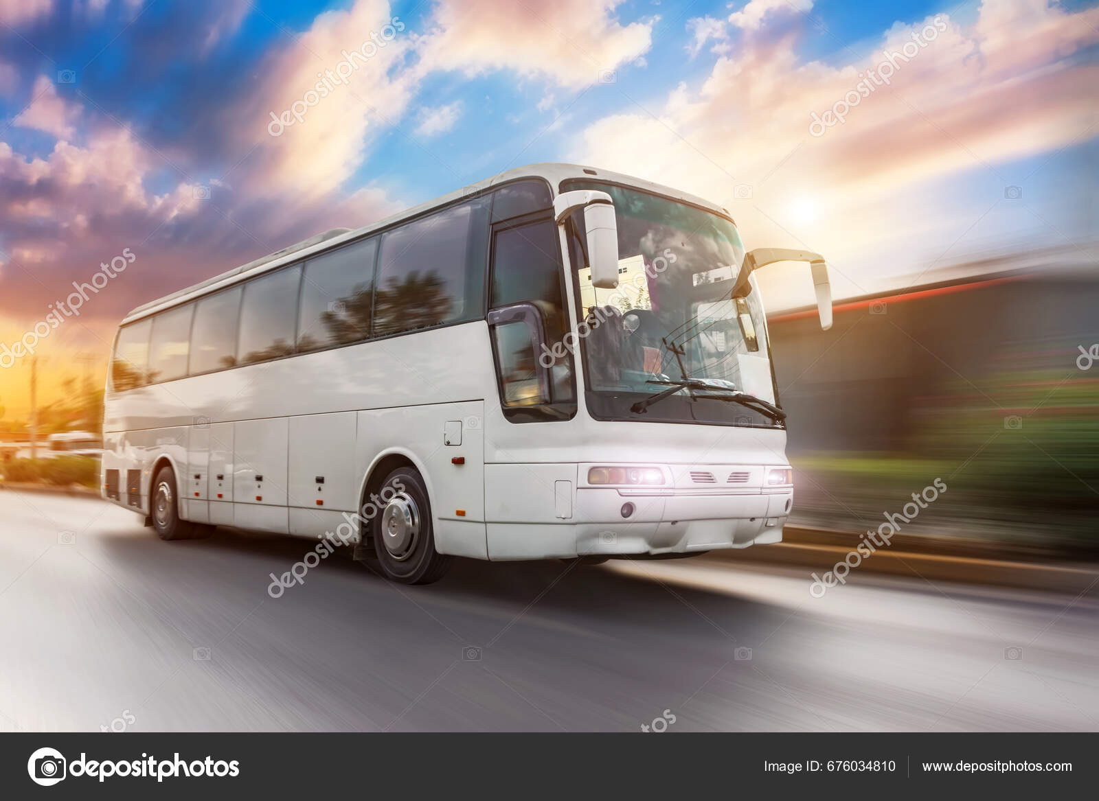 Bus Driving Moving High Motion Blur Effect Speed Road Sunset — Stock ...