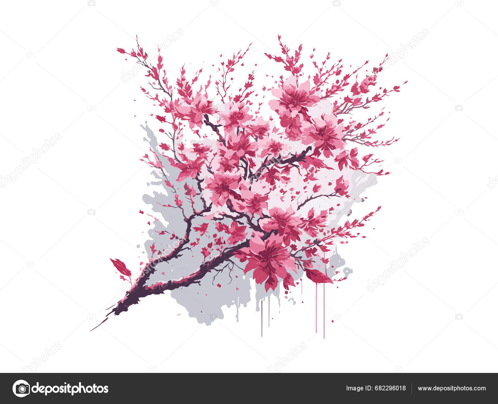 Vector Branch Spring Flowers Watercolor Tree Branch Detailed Hand Drawn ...
