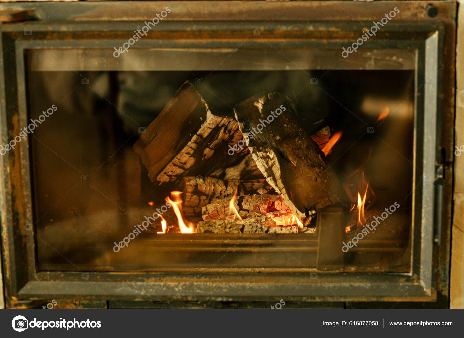 Heating House Winter Wood Burning Stove Burning Firewood Fireplace ...