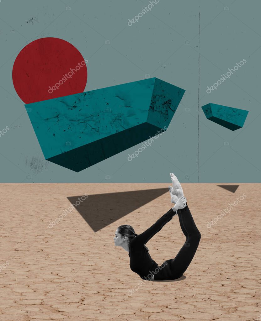 Armonía. Gimnasta flexible haciendo yoga en el desierto. Diseño de arte moderno, collage ...