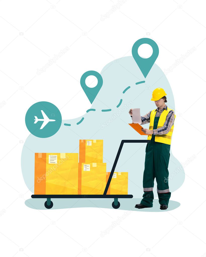 collage de arte contemporáneo. Trabajador de logística con portapapeles ...