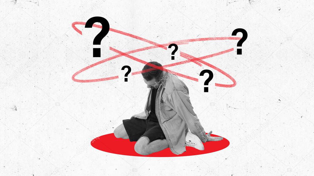 Arte estético moderno. hombre molesto y agotado se sienta en punto rojo ...