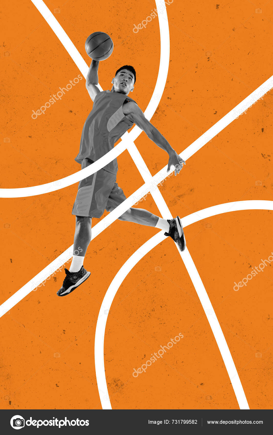 Black White Image Competitive Man Basketball Player Motion Ball ...