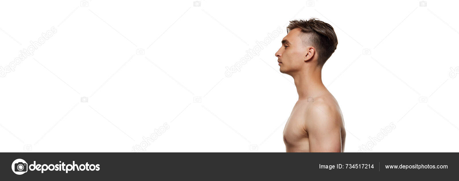 Banner Side View Portrait Young Man Posing Shirtless White Studio ...
