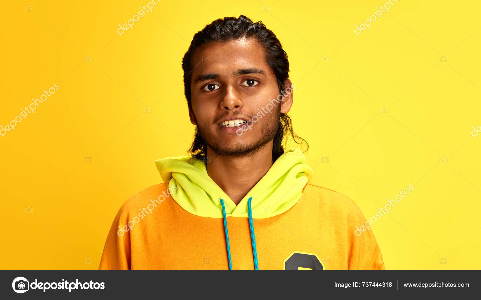 Portrait Young Indian Man Dressed Stylish Vibrant Hoodie Looking Camera ...