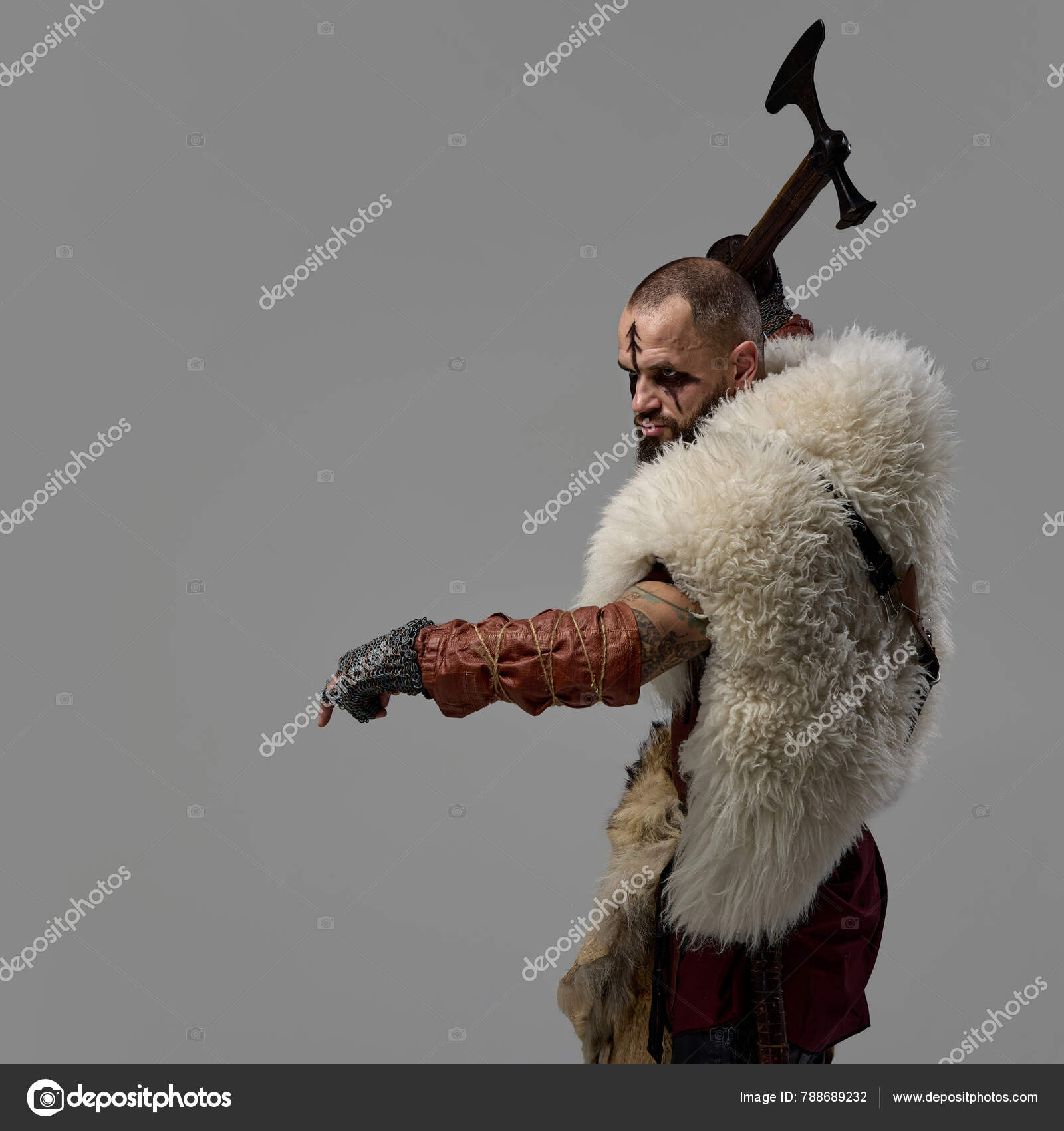 Man Portraying Medieval Viking Warrior Fur Cloak Leather Armor Gripping — Stock Photo ...
