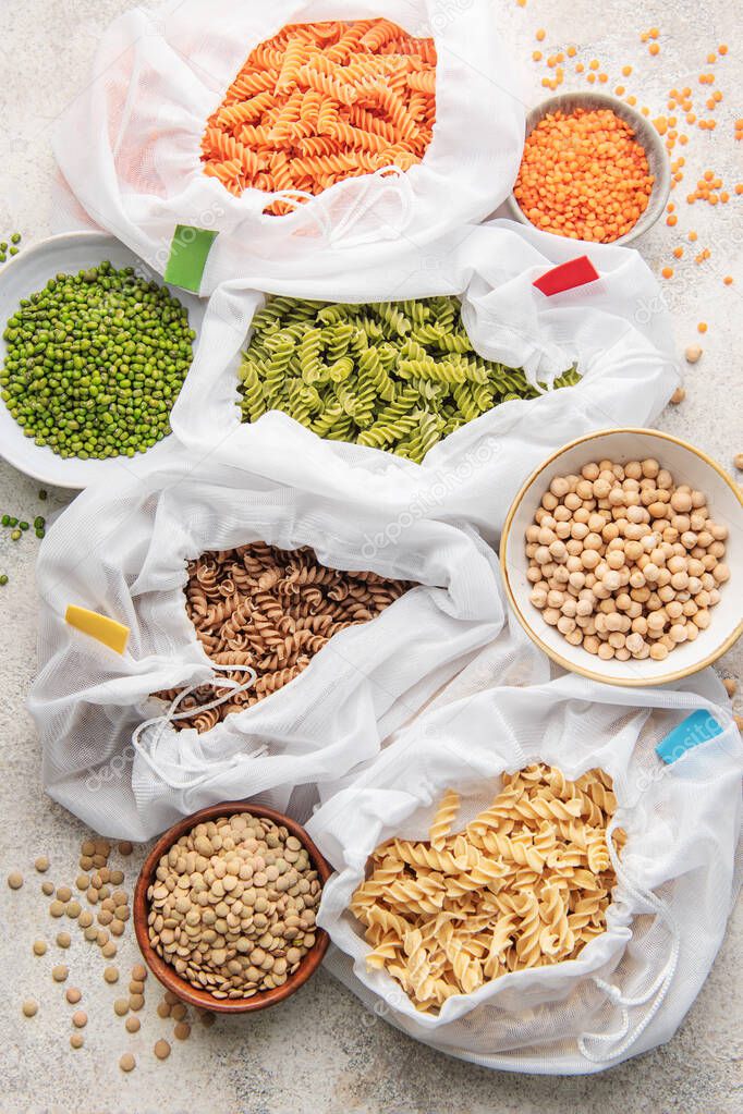 A variety of fusilli pasta made from different types of legumes, green ...