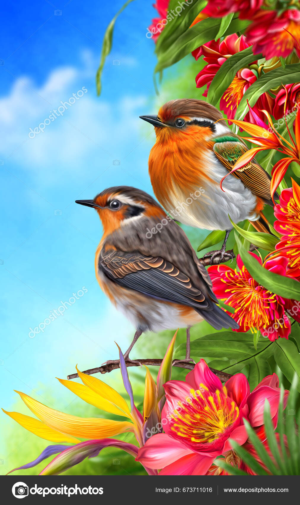 Two Little Robin Birds Sit Branch Blooming Red Beautiful Flowers ...