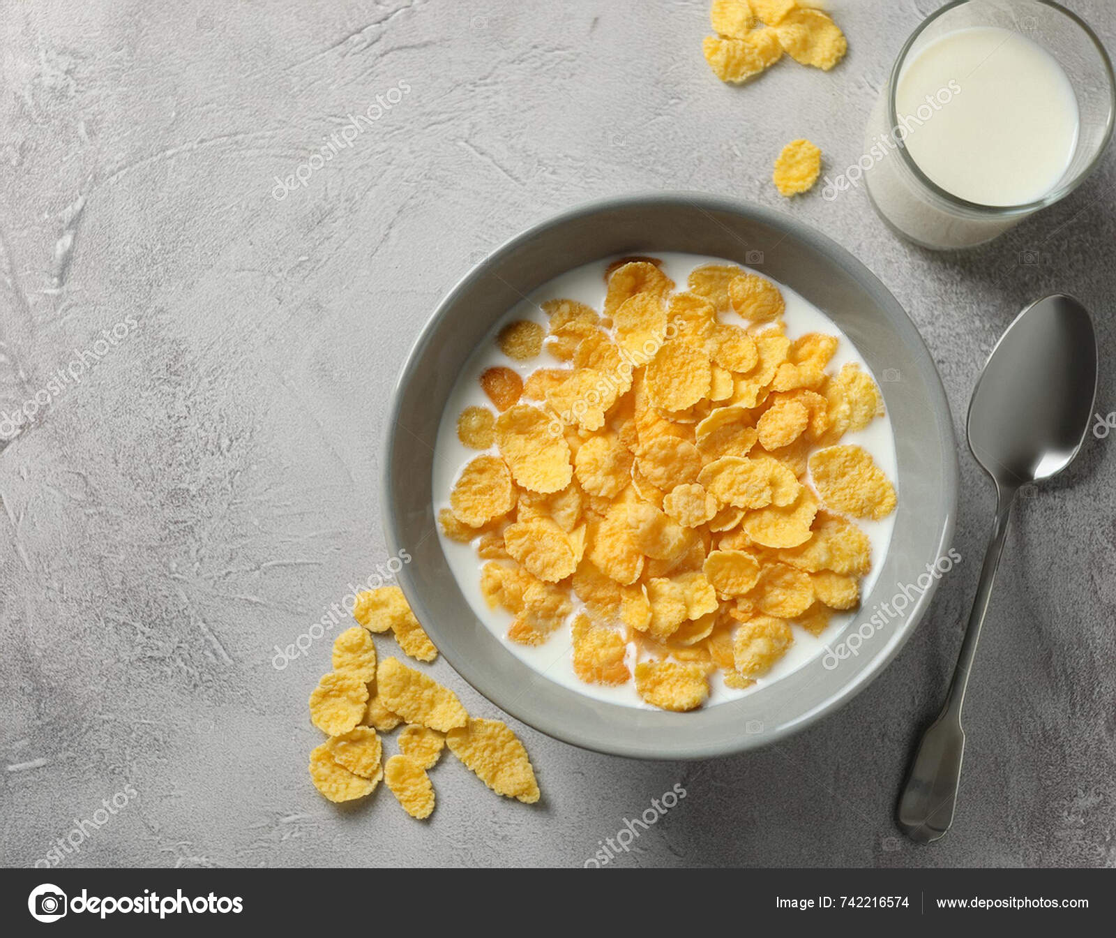 Breakfast Cereal Corn Flakes Milk Bowl Top View Generated — Stock Photo ...
