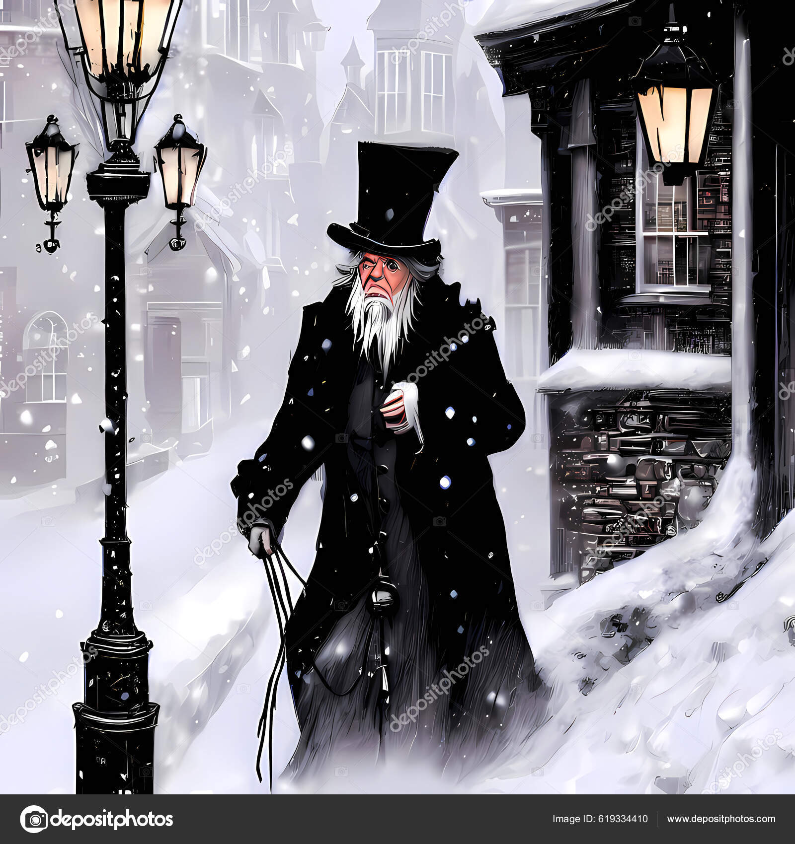 Una Escena Invierno Navidad Con Ebenezer Scrooge Caminando Por Una ...