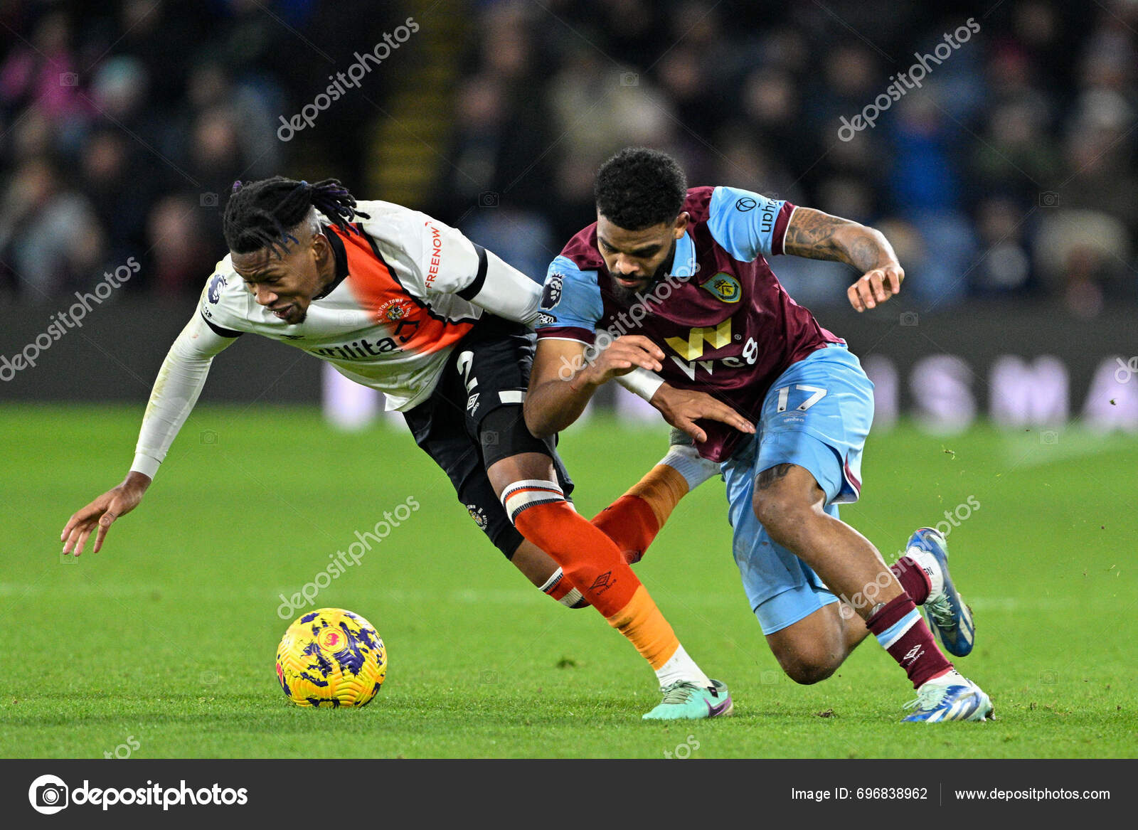 Gabriel Osho Luton Town Lyle Foster Burnley Battle Ball Premier — Stock ...