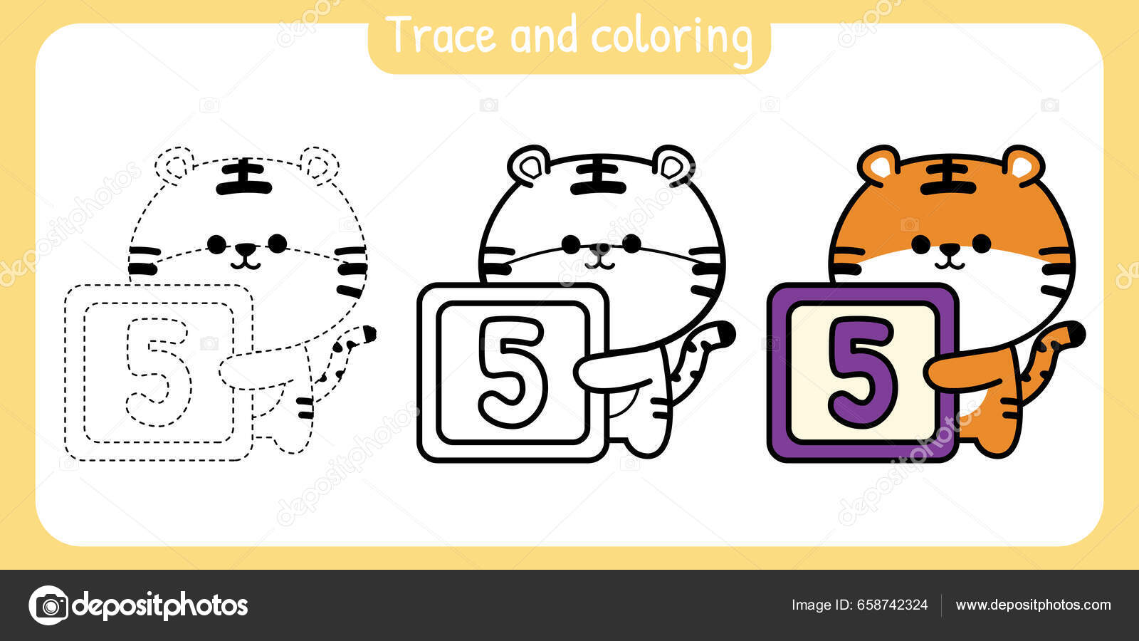 Trace Coloring Page Kid Painted Book Cute Tiger Number Five Stock ...