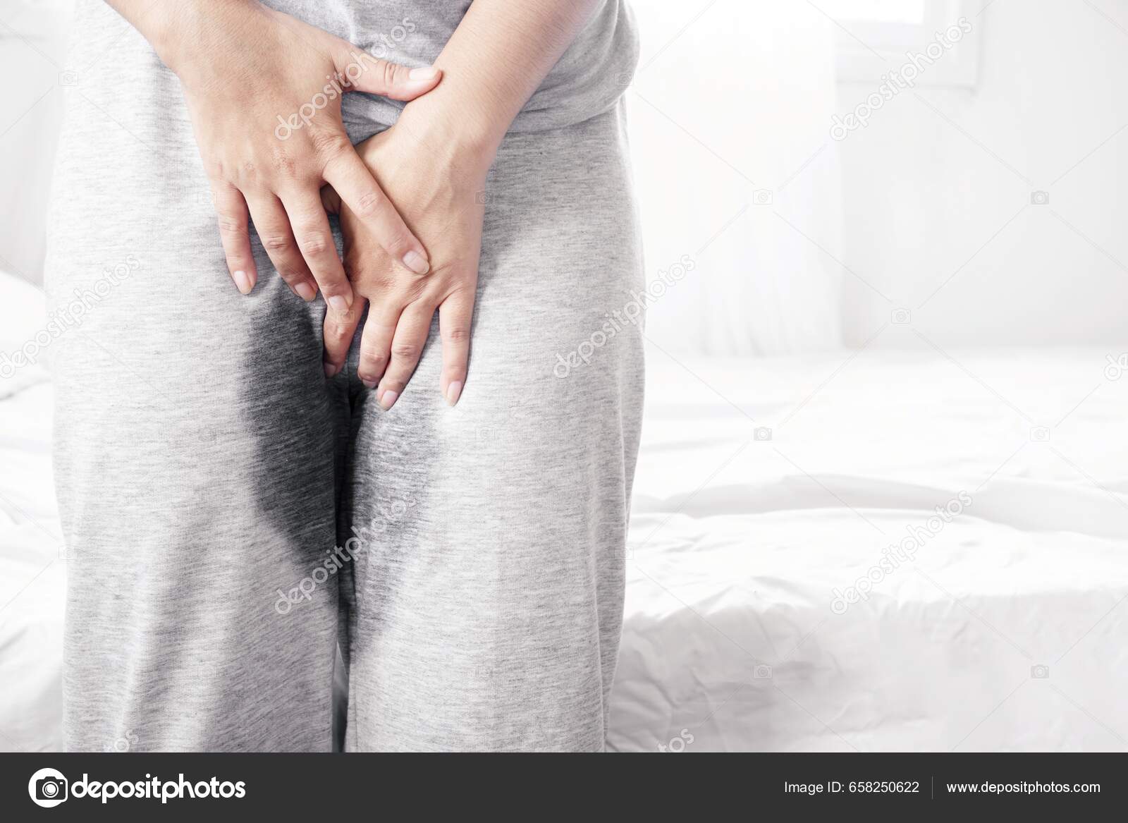 Stress Urinary Incontinence Concept Old Woman Wearing Wet Pants Urine