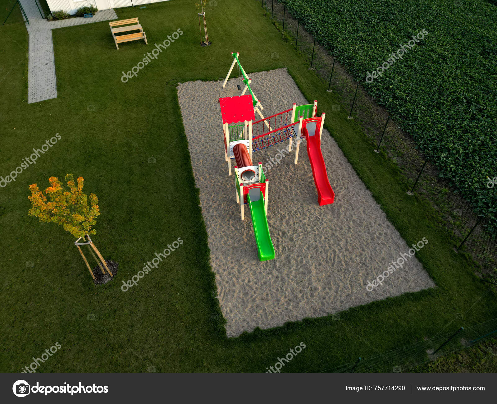 Sandy Children Playground Bordered Tree Trunks Sandstone Boulders Very ...