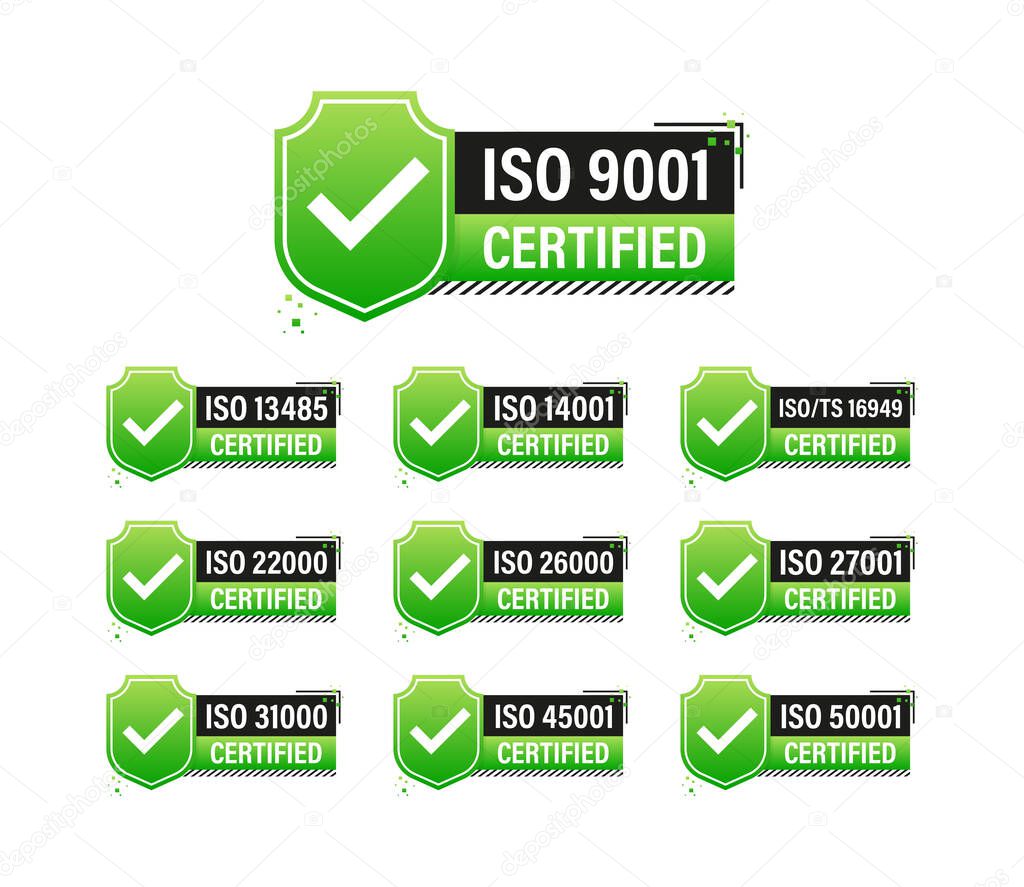 Conjunto de sellos y etiquetas con certificación ISO. Sistema de gestión de calidad certificado ...